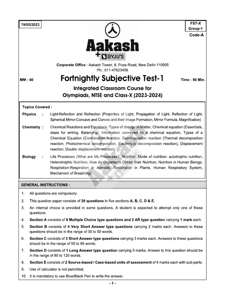 FST-1A (CBSE - G-1) Science (C-10) (19-05-2023) | PDF