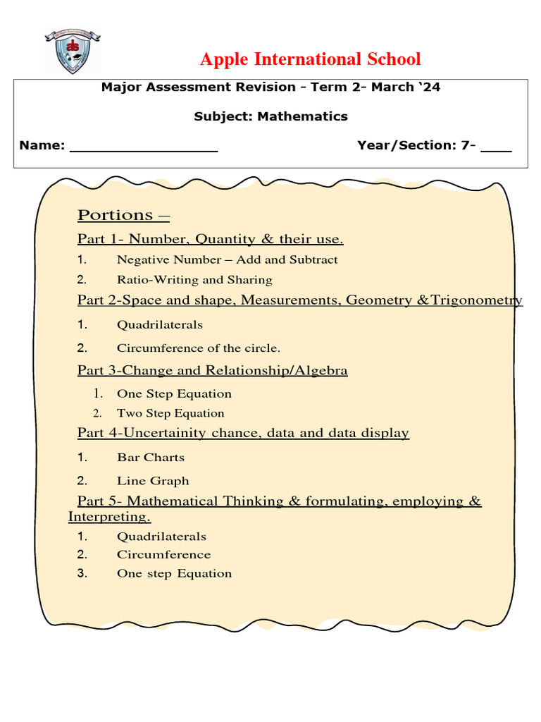 Year 7 - Math Revision Worksheet MA2 - 2024 | PDF | Triangle | Circle