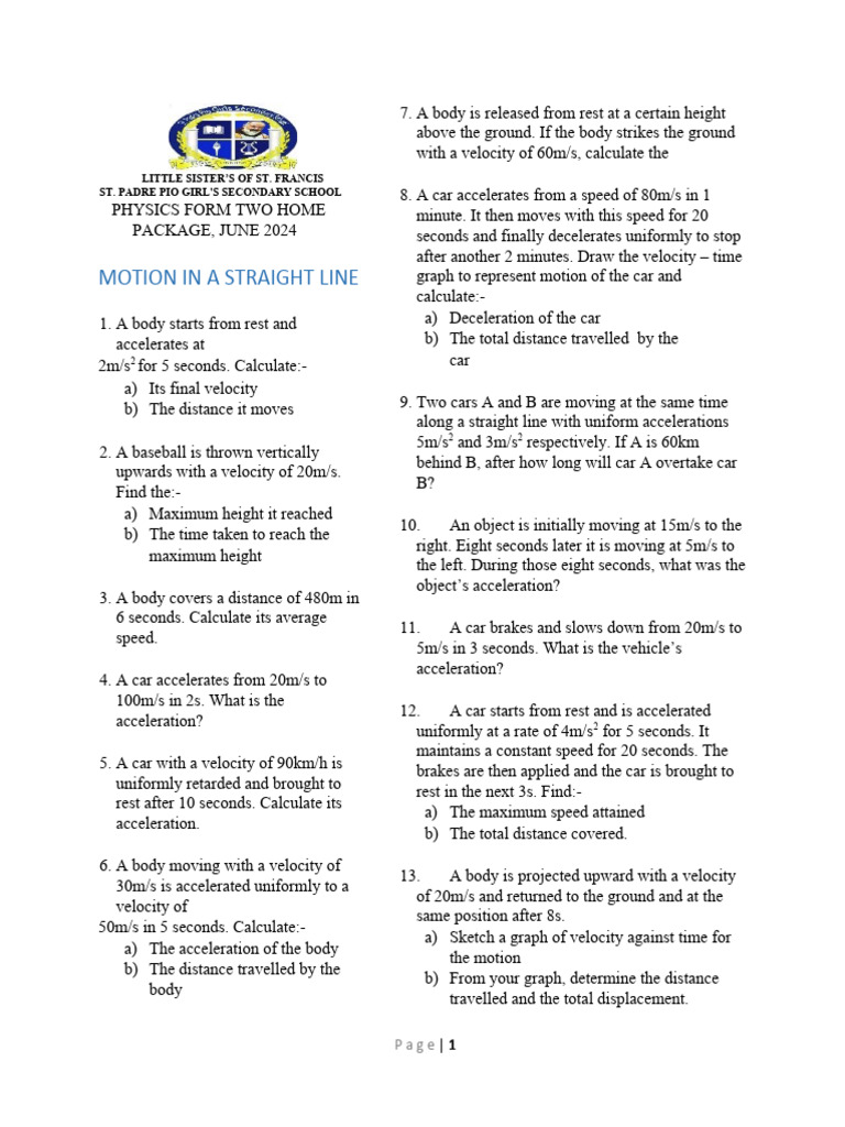 Form 2 Physics HOME PACKAGES JUNE 2024 | PDF | Acceleration | Force
