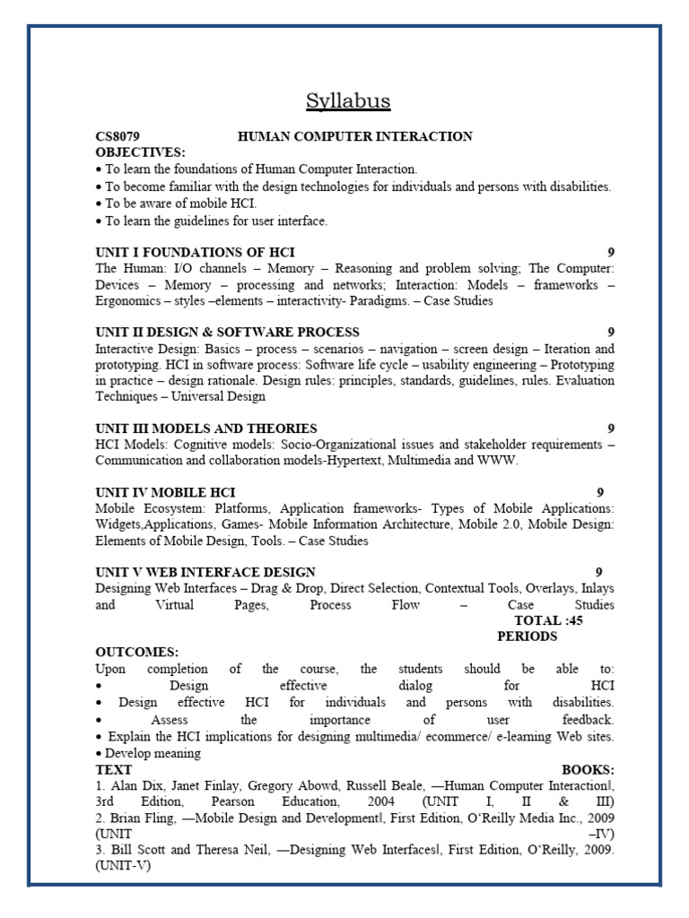 Syllabus: CS8079 Human Computer Interaction Objectives | PDF ...