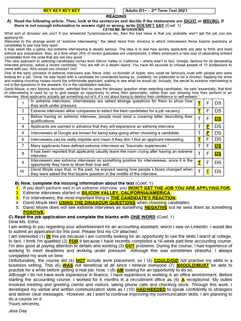 KEY - B1+ B - Reading and Writing - 2023 | Download Free PDF | Koala