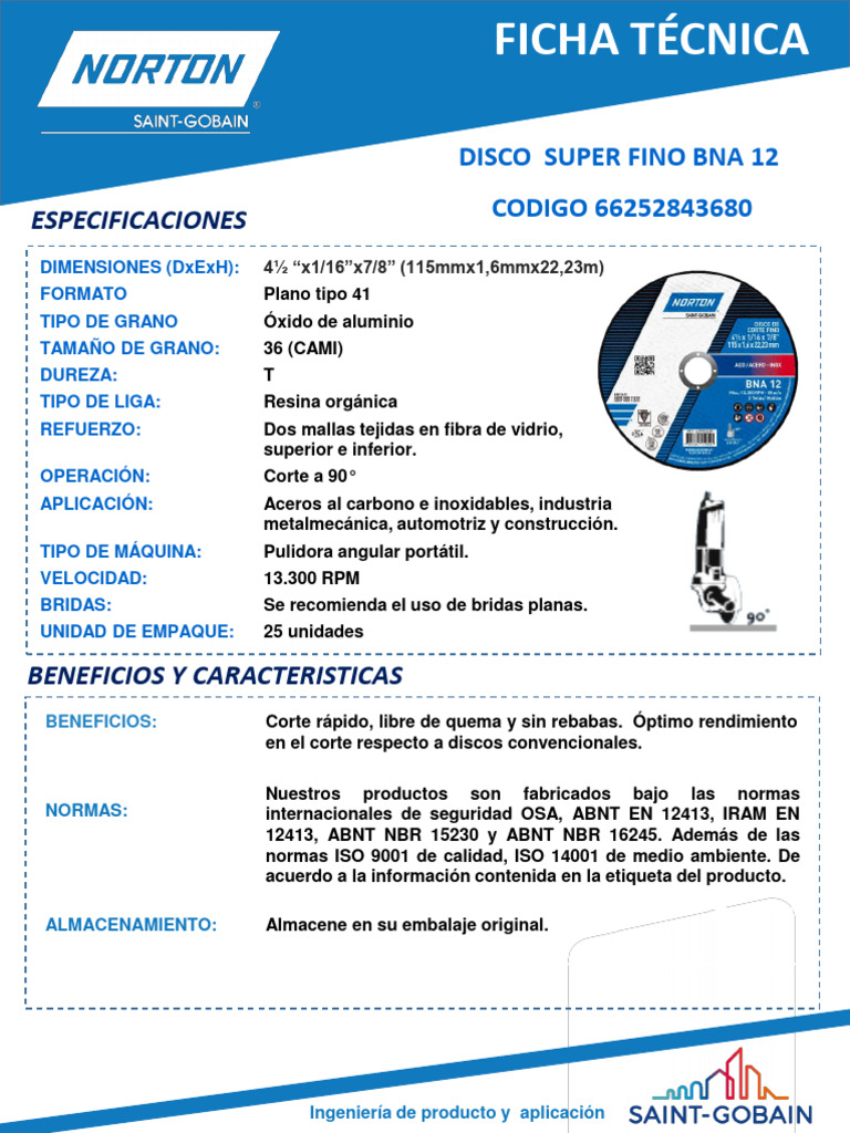 Ficha Técnica Disco de Corte BNA12 115x1,6mm Código 66252843680 | PDF