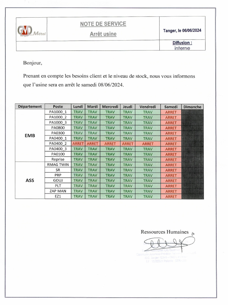 Note de Service-Arrêt Usine | PDF