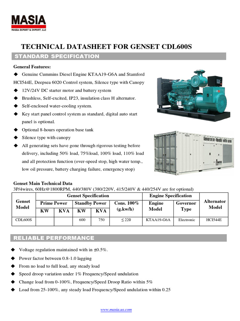 Datasheet of Diesel Genset 600KW - Standby | PDF | Electric Power | Electrical Components