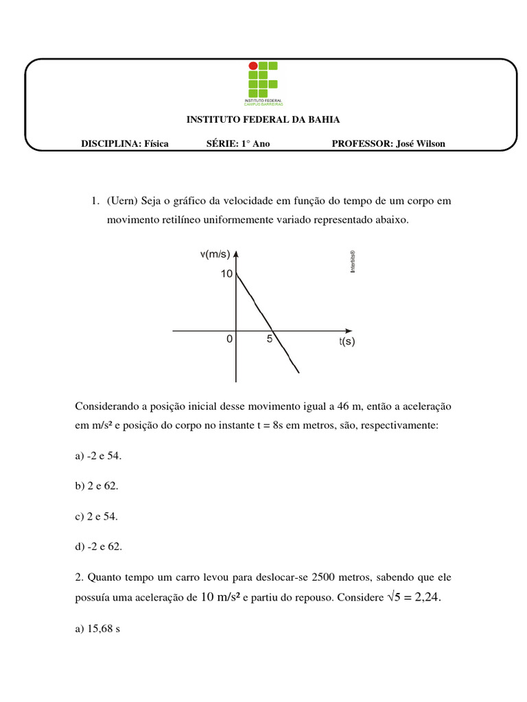 Atividade 05 MRUV (1° Ano) | PDF | Ciências e Matemática