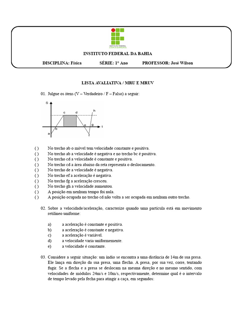 Lista de Exerc-Cios - 1 - Ano | PDF | Velocidade | Metrologia