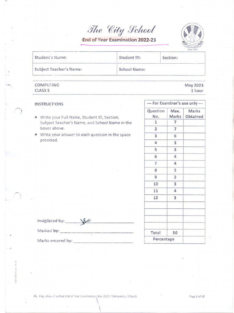Class 5 Sample Paper The City School 2022-2023 | PDF