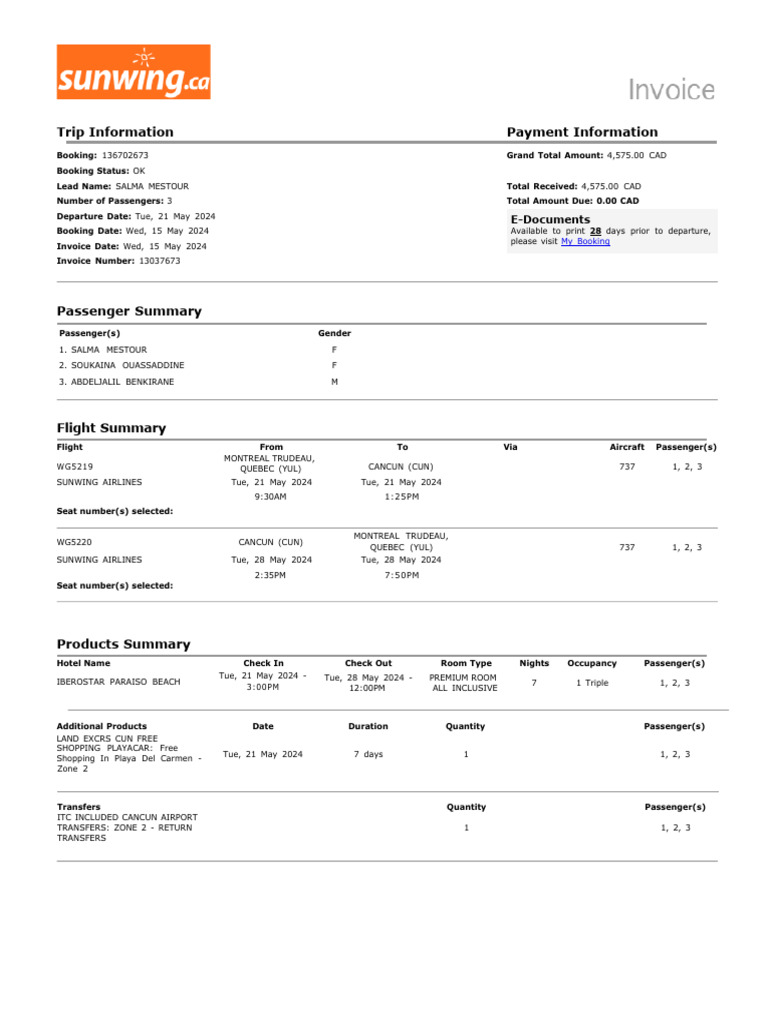 Sunwing Vacations Invoice 136702673 | PDF | Fee | Payments