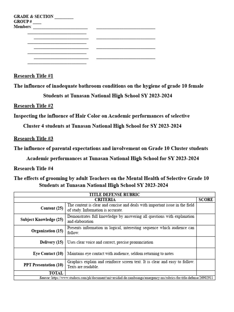 Title Defense Rubric | PDF | Business