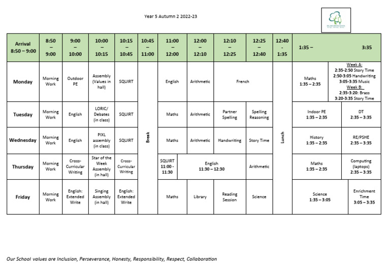 Generic Year 5 Timetable | PDF | Science