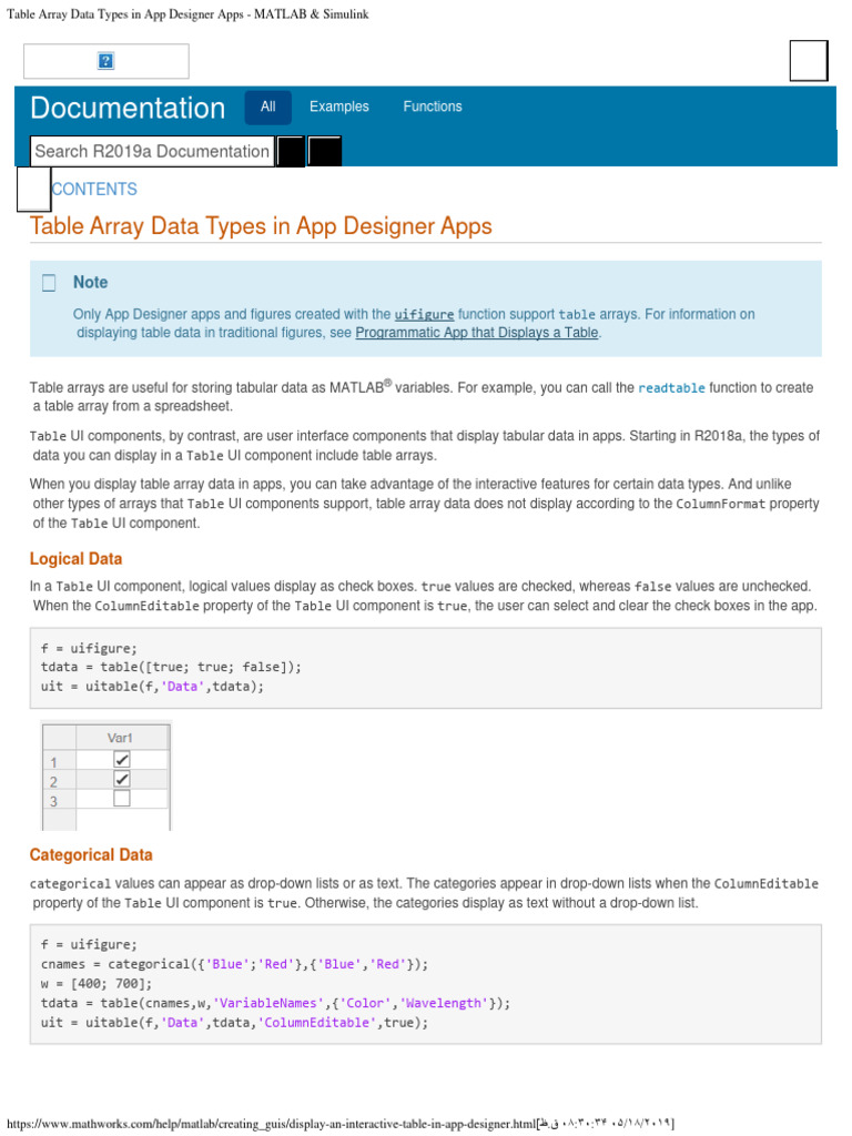 Table Array Data Types In App Designer Apps Matlab Simulink Pdf Matlab Mobile App