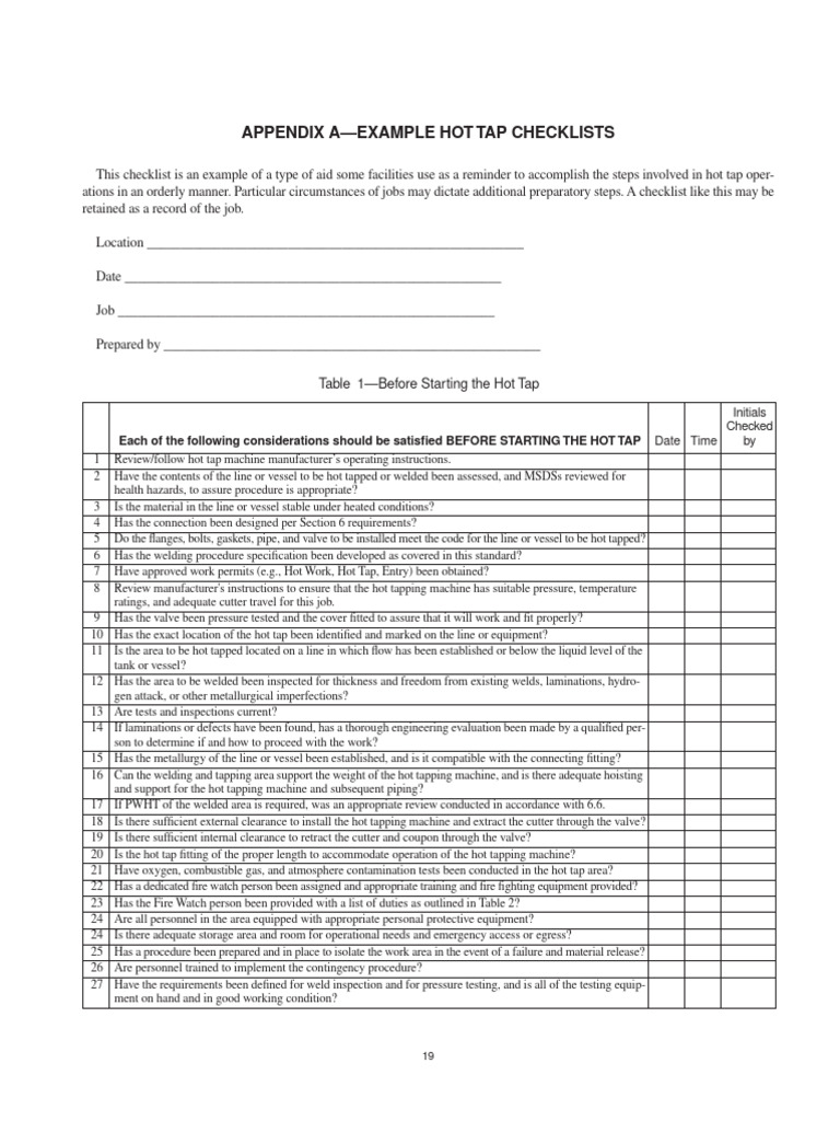 Hot tap checklist_APPENDIX A | PDF | Valve | Tap (Valve)