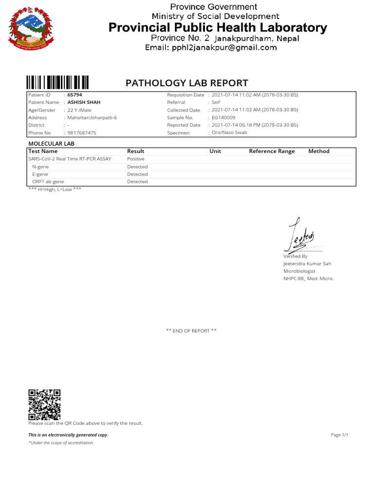 Pathology Lab Report: Molecular Lab Test Name Result Unit Reference ...