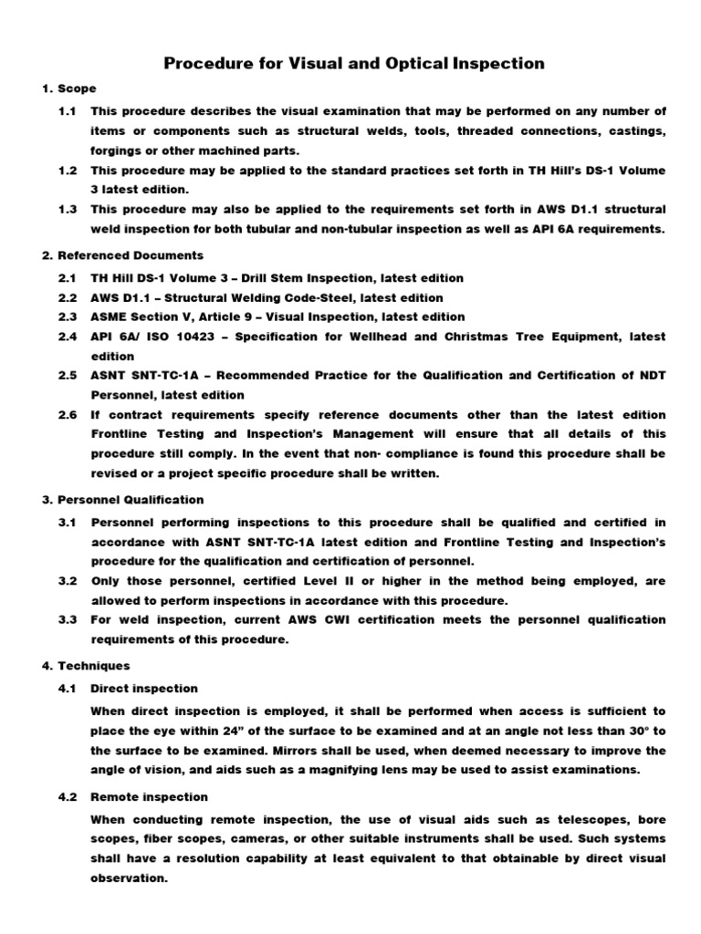 Procedure For Visual and Optical Inspection | PDF | Welding | Construction