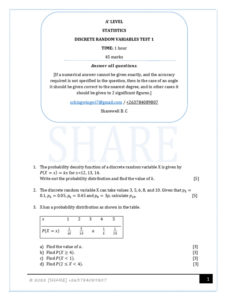 Mr Share (Discrete Random Variables) Test 1 and 2 Ex and Solution | PDF ... Mr Share (Discrete Random Variables) Test 1 and 2 Ex and Solution | PDF ...