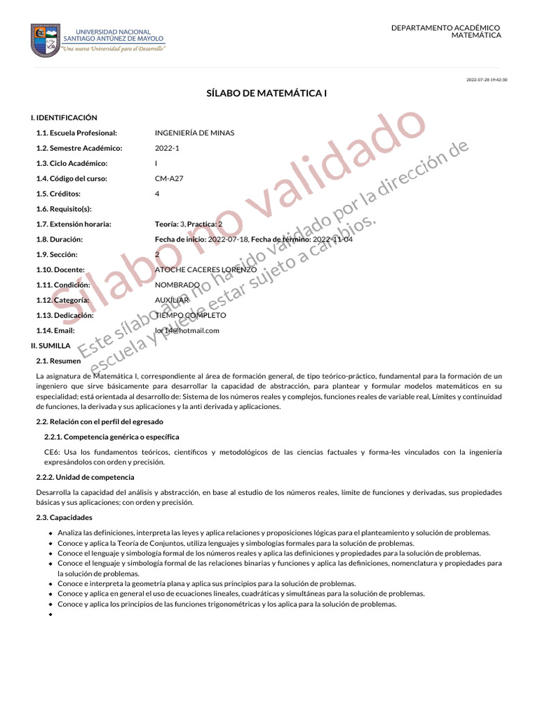 Silabo - MATEMÁTICA I - 2022-1 | PDF | Derivado | Ecuaciones
