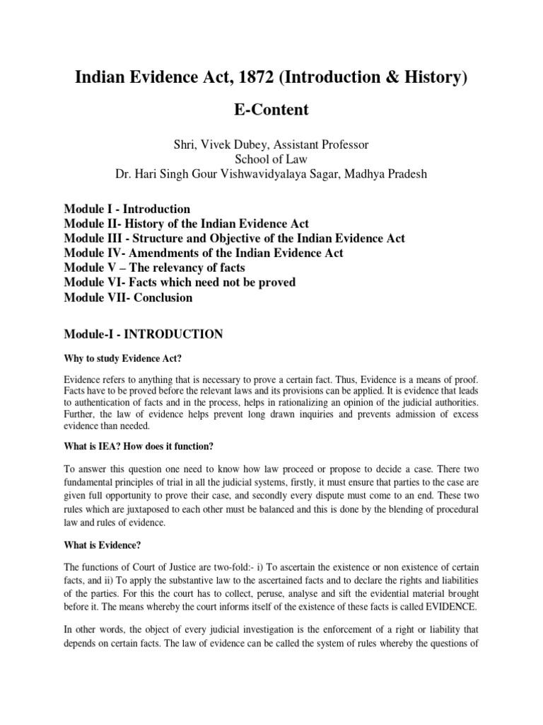 Indian Evidence Act, 1872 (Introduction & History) : E-Content | PDF ...