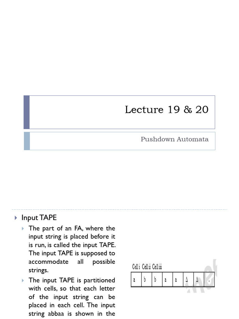 ToA - Lecture 19 20 - Push Down Automata | PDF | Mathematical Logic | Grammar