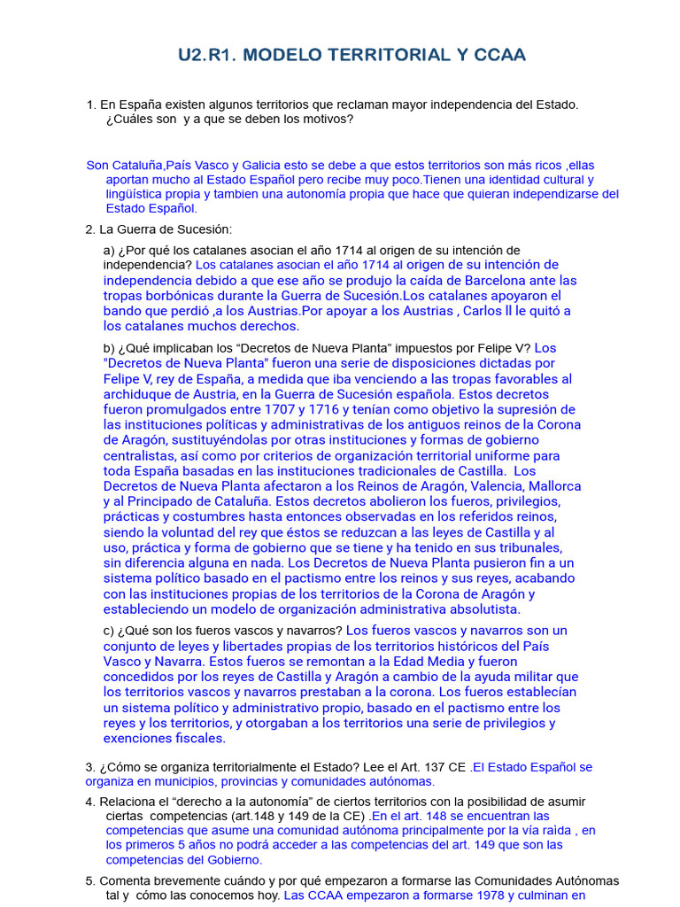 U2.R1 Modelo Territorial y CCAA | PDF | España | Gobierno