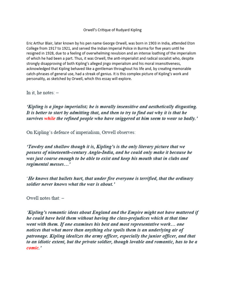 Orwell's Critique of Rudyard Kipling | PDF | George Orwell | Rudyard ...