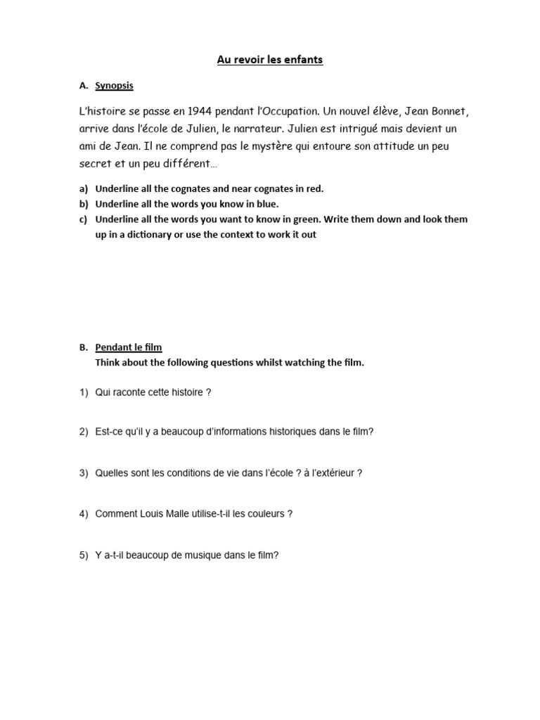 Au Revoir Les Enfants Worksheet | PDF | Games & Activities | Language ...