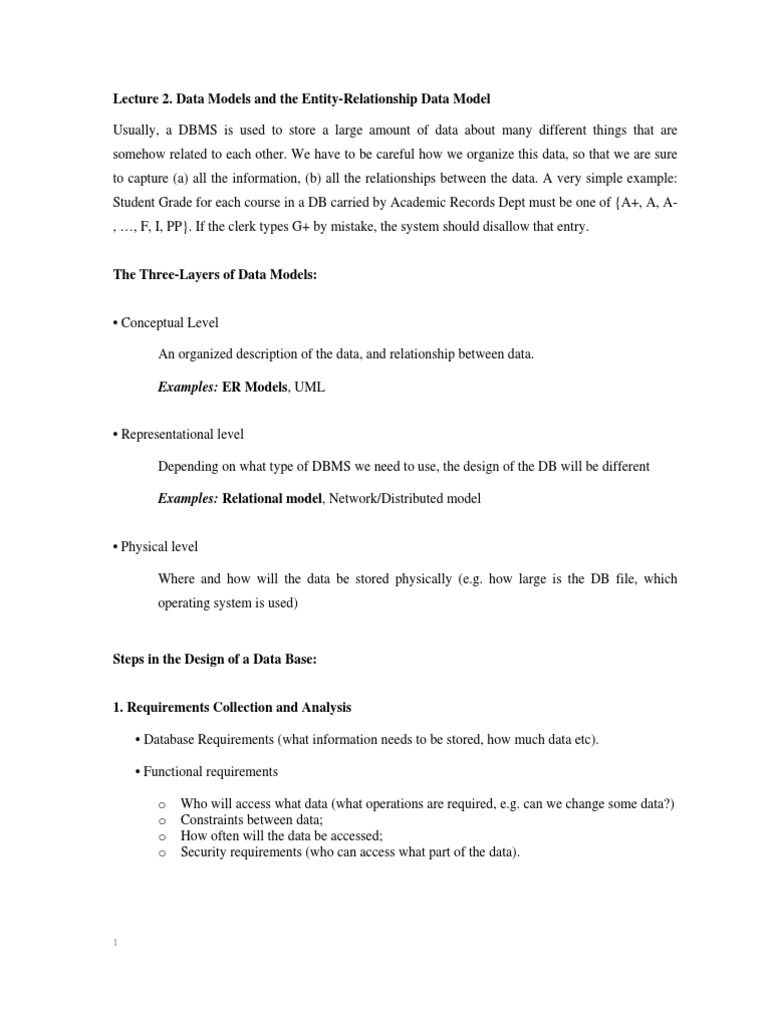 Lecture 2. Data Models and The Entity-Relationship Data Model | PDF | Data Model | Conceptual Model