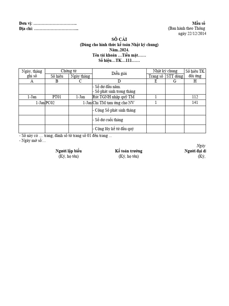 Mẫu sổ cái TK - TT200 | PDF