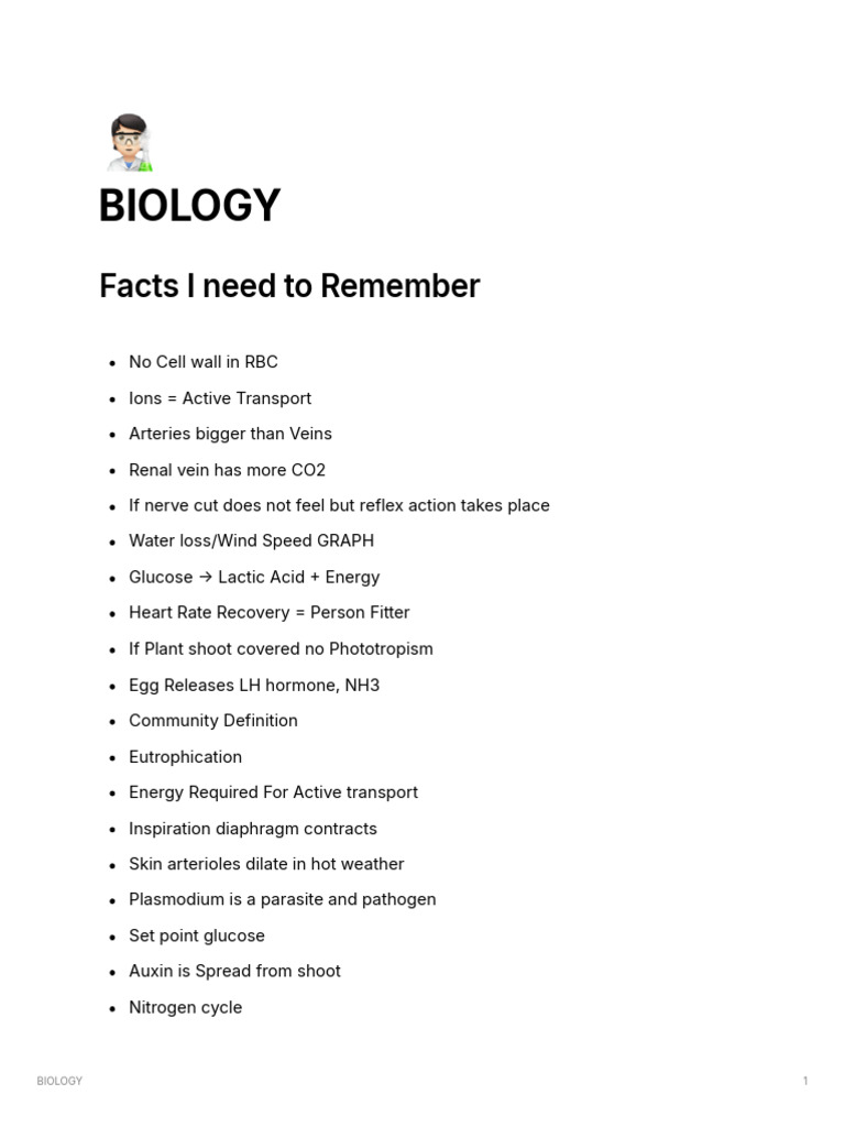 O Level BIOLOGY Difficult Facts | PDF | Biology | Glucose