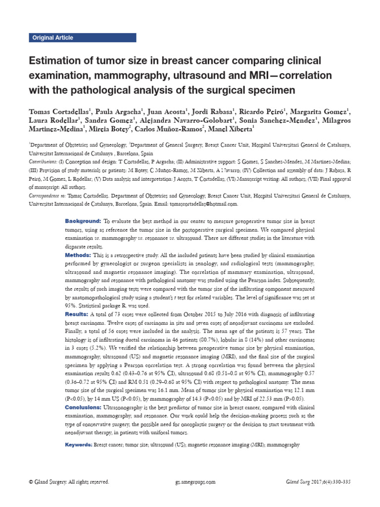 Estimation of Tumor Size in Breast Cancer Comparing Clinical | PDF ...