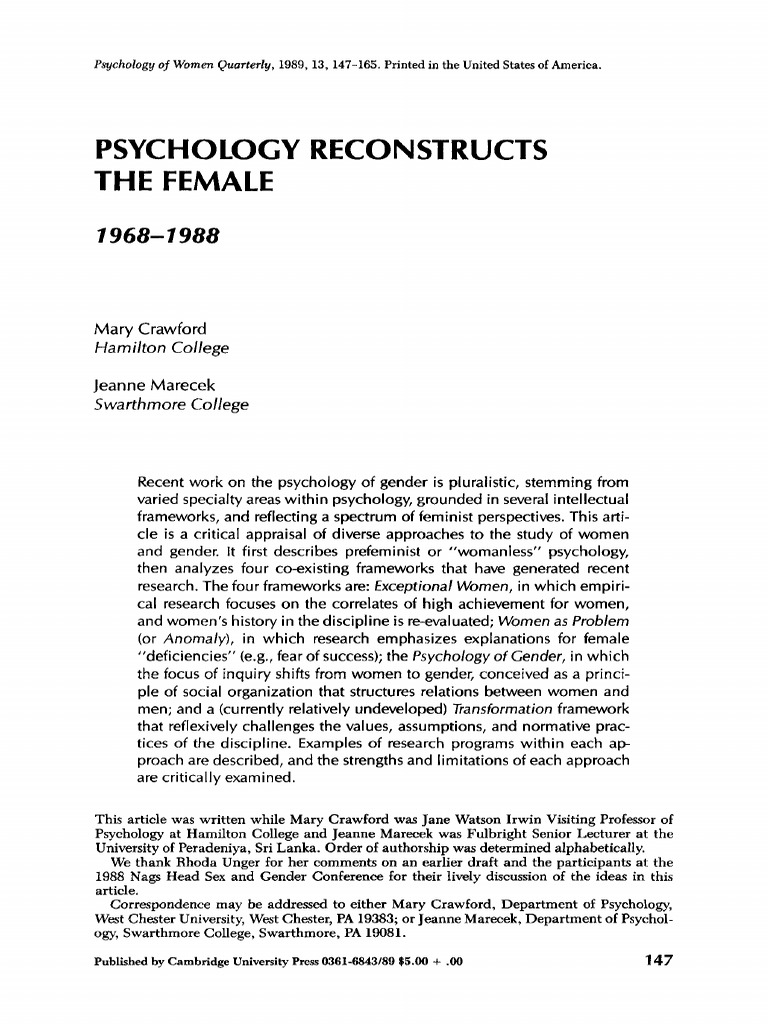 Psychology Reconstructs The Female: Psychology of Women Quarterly, 1989 ...