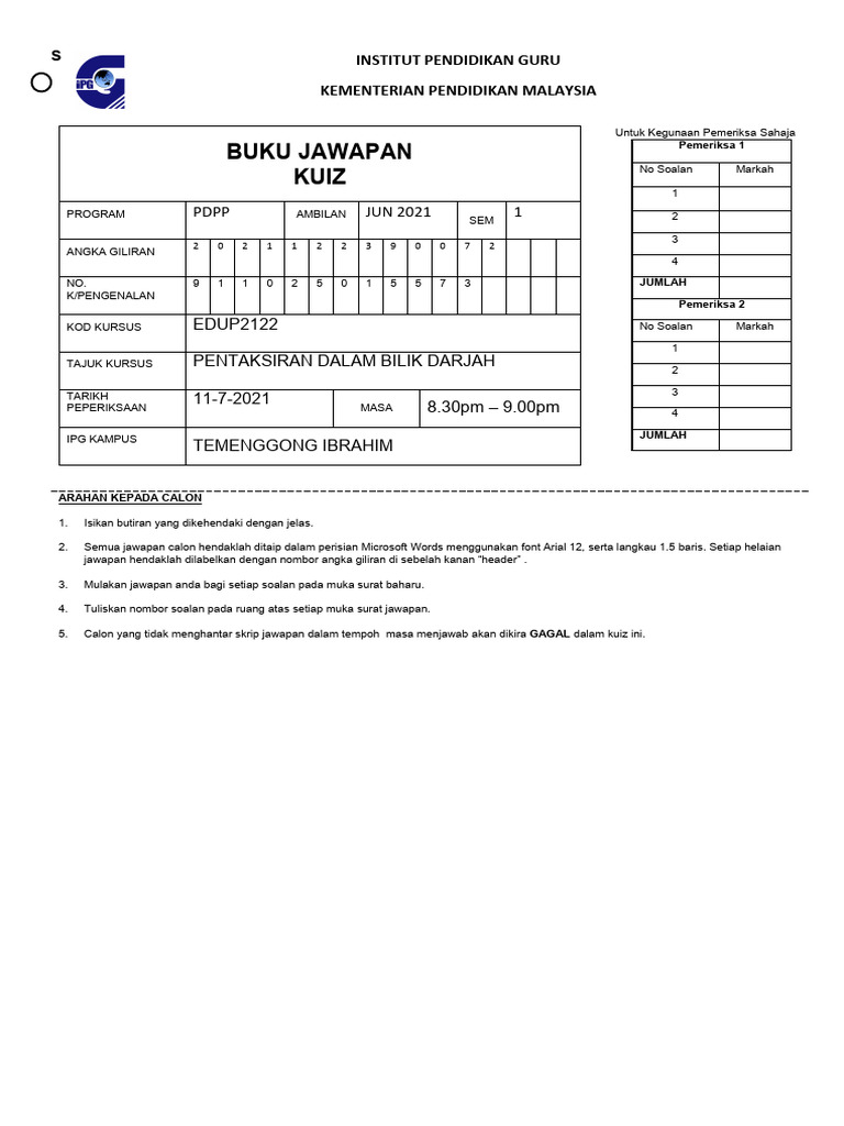 Anwar Safwan Bin Juhari Pj1 Edup2122 Kuiz | PDF