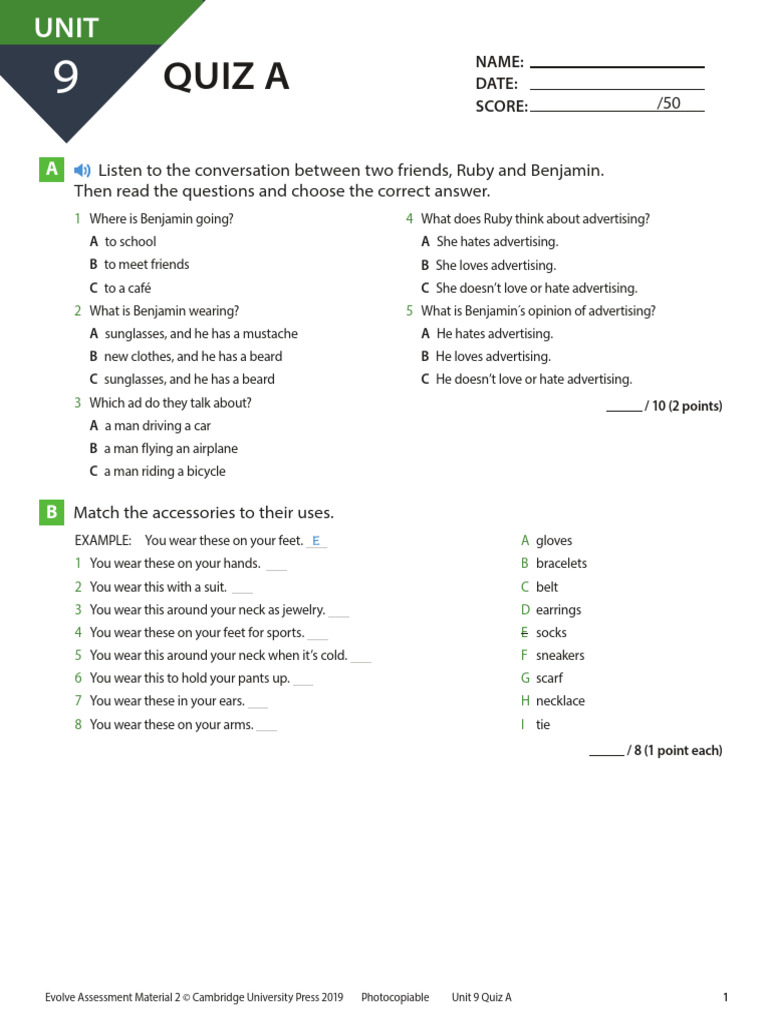 Evolve - L2 - Unit 9 Quiz - A | PDF
