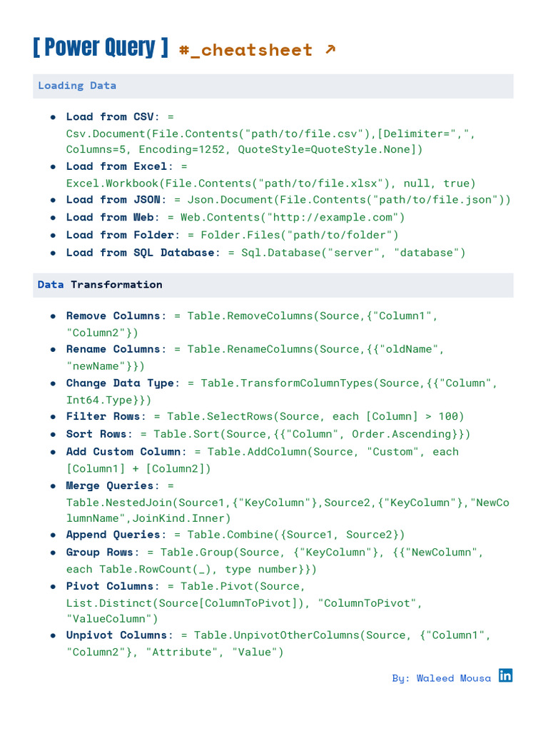 [ Power Query ] - cheatsheet | Download Free PDF | Computing | Data Management
