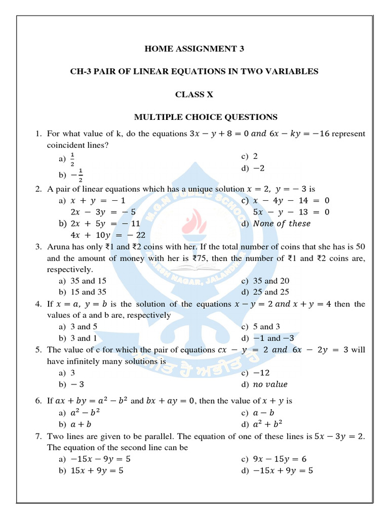 Class X Linear Equations Quiz | PDF | Equations | System Of Linear Equations