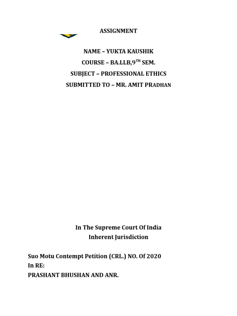 BA - LLB, 9tTh Yukta Kaushik Sem. - Professional Ethics Assignment ...