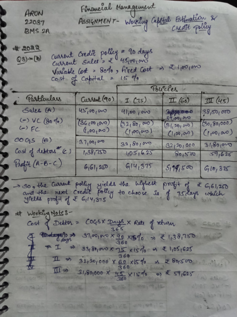 FM Assignment - Working Capital Estimation and Credit Policy | PDF