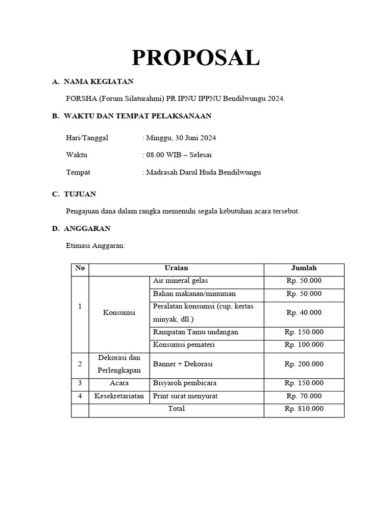 Proposal Kegiatan FORSHA 2024 Bendilwungu | PDF