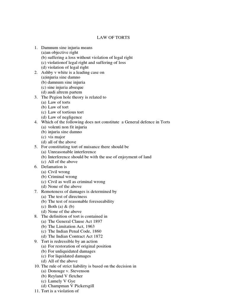LAW OF TORTS QUESTIONS | PDF | Tort | Negligence