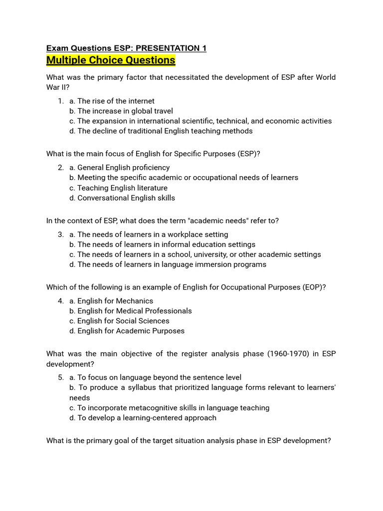 Exam Questions ESP | PDF | Language Education | Methodology