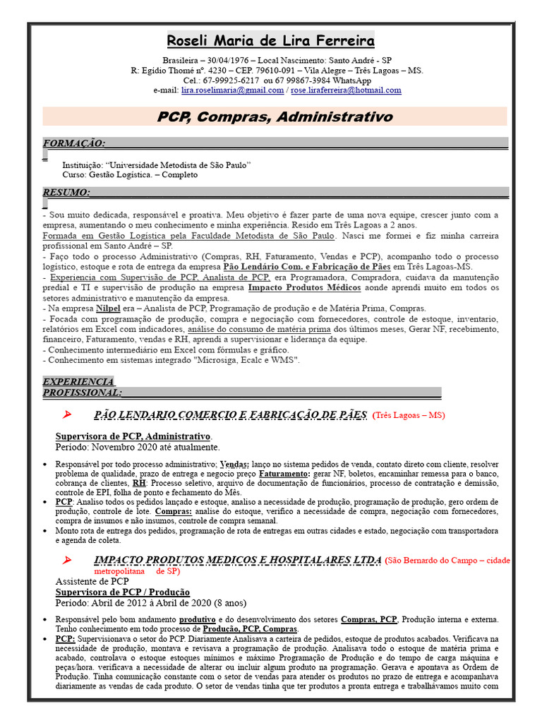 Curriculo Roseli Maria - PCP | PDF | Qualidade (negócios) | Microsoft