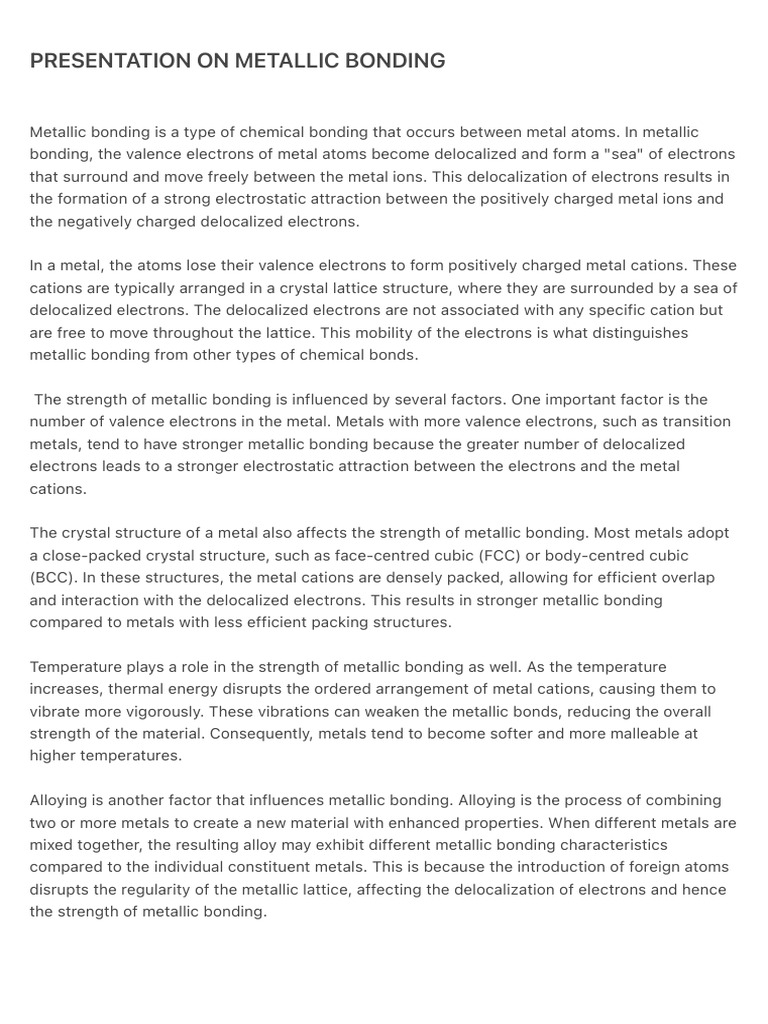 Presentation On Metallic Bonding-1 | PDF | Metals | Chemical Bond