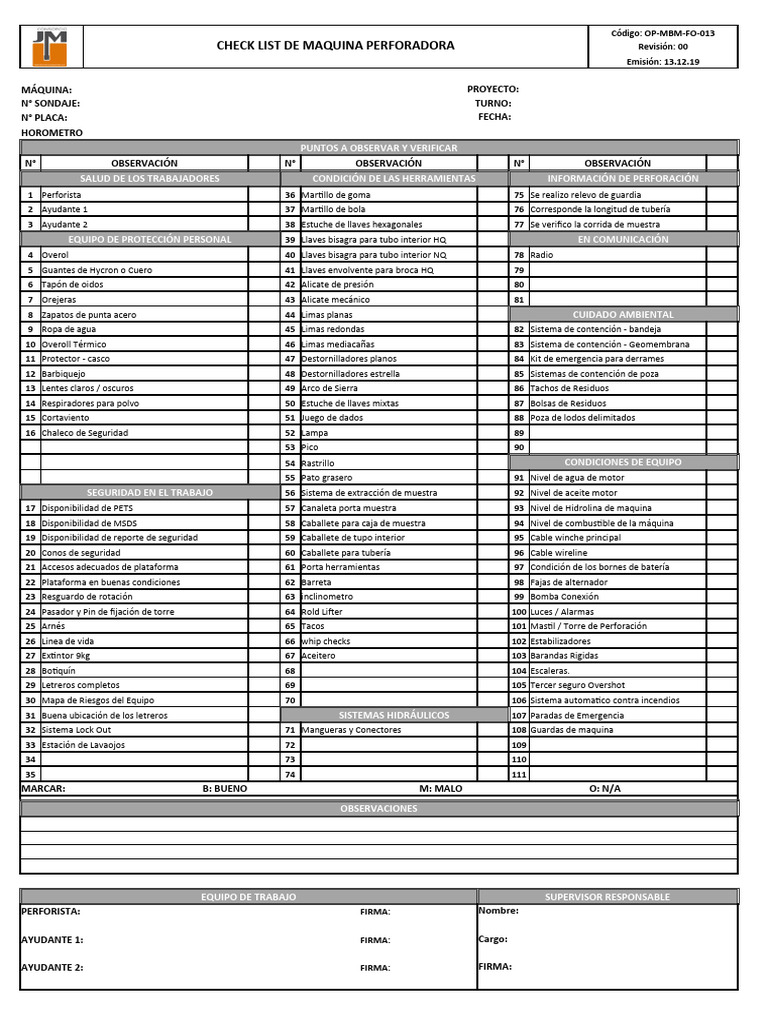 OP MBM FO 013 Check List Máquina Perforadora LAGUNAS | PDF
