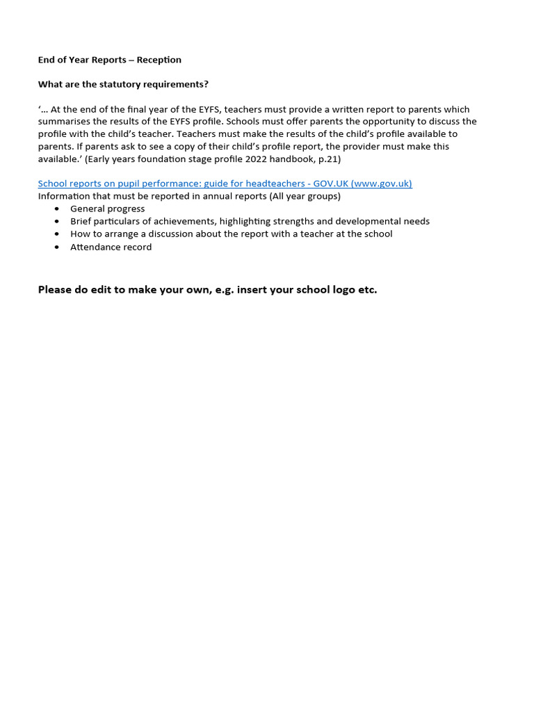 EYFS Reception End-of-Year Report Guide | PDF | Learning | Cognition