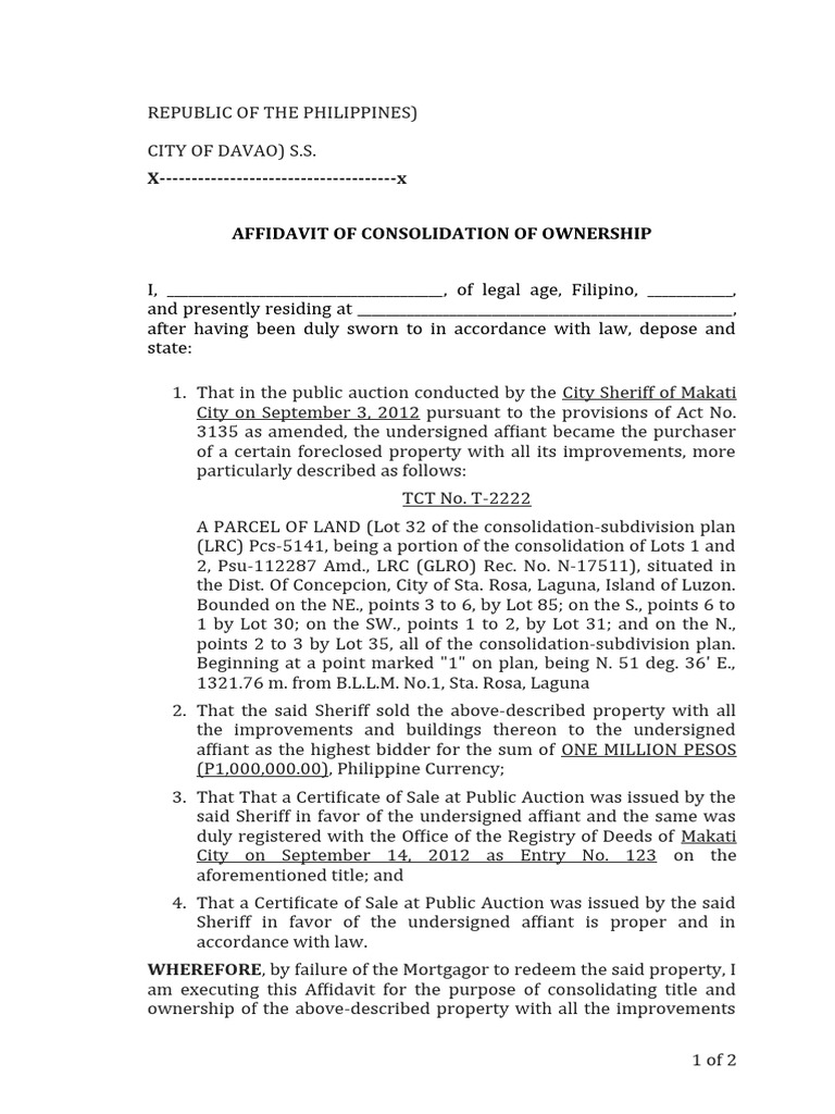 Affidavit for Title Consolidation | PDF | Affidavit | Real Property Law