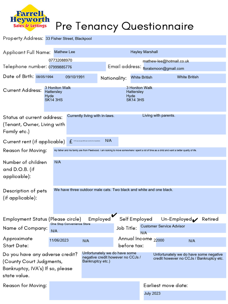 Pre Tenancy Questionnaire | PDF | Leasehold Estate