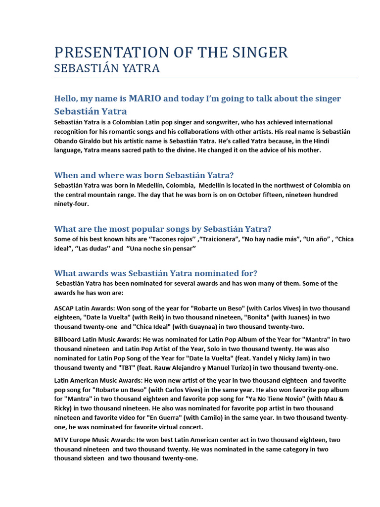 Presentation of The Singer Sebastián Yatra | PDF | Spanish Language ...