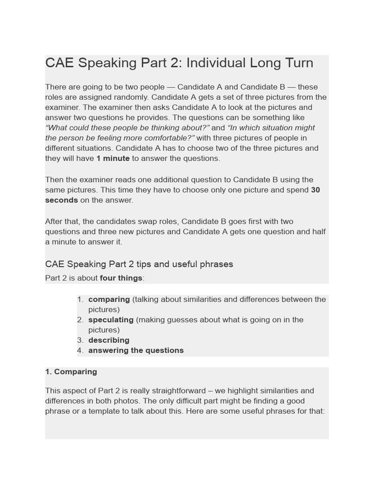 CAE Speaking Part 2 - Individual Long Turn | PDF | Linguistics ...