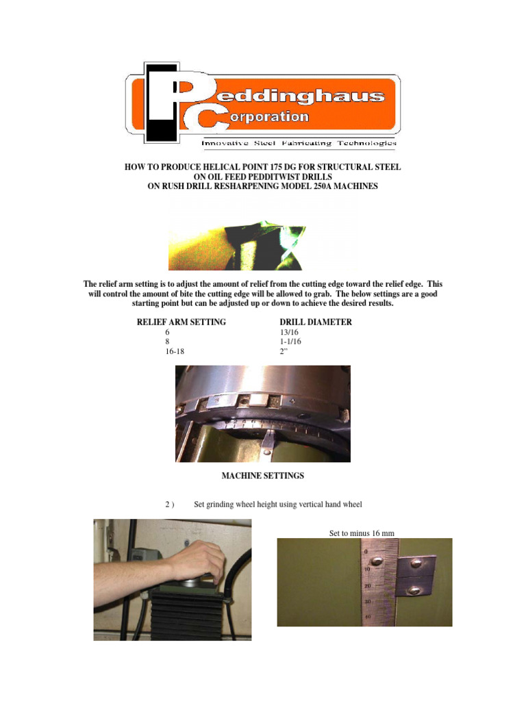 250a Drill Sharpener Procedure For PeddiTwist Drillbits | PDF | Drill | Grinding (Abrasive Cutting)