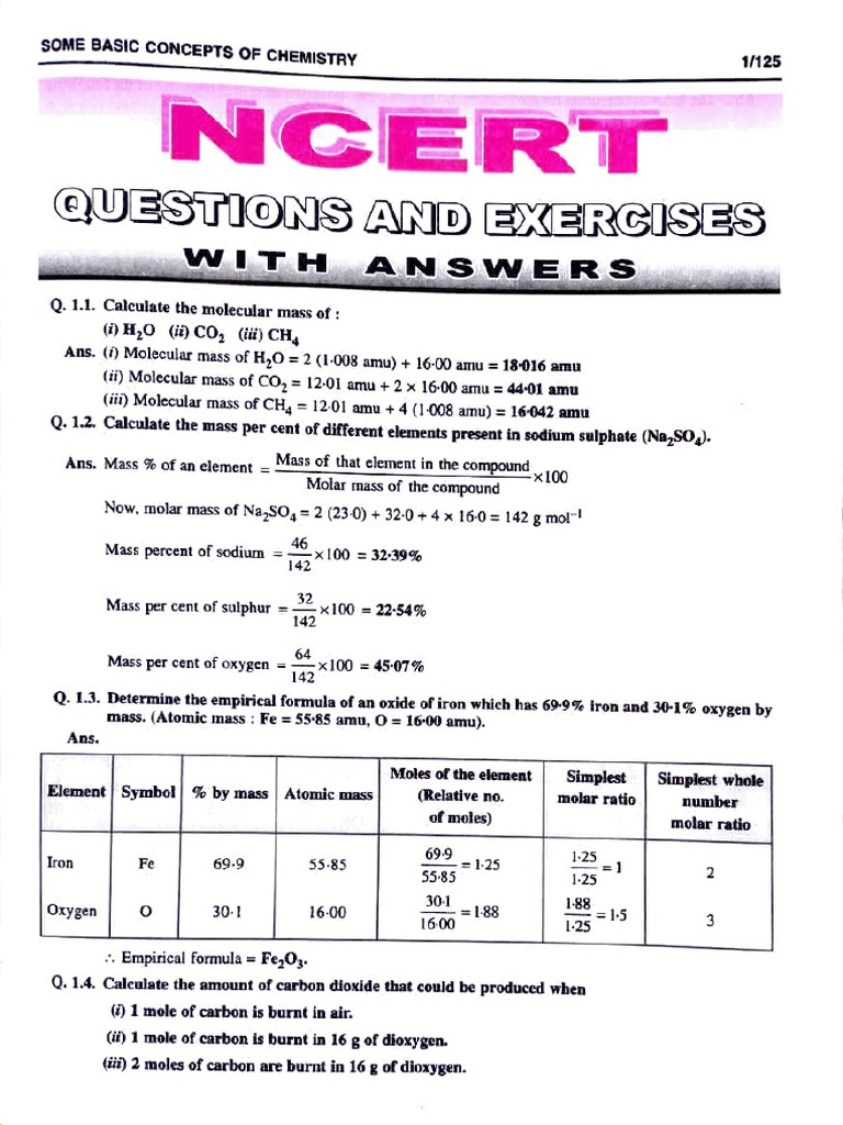 Ch1 Basic Concepts of Chemistry Ncert Excercise Solution | PDF | Mole (Unit) | Atoms