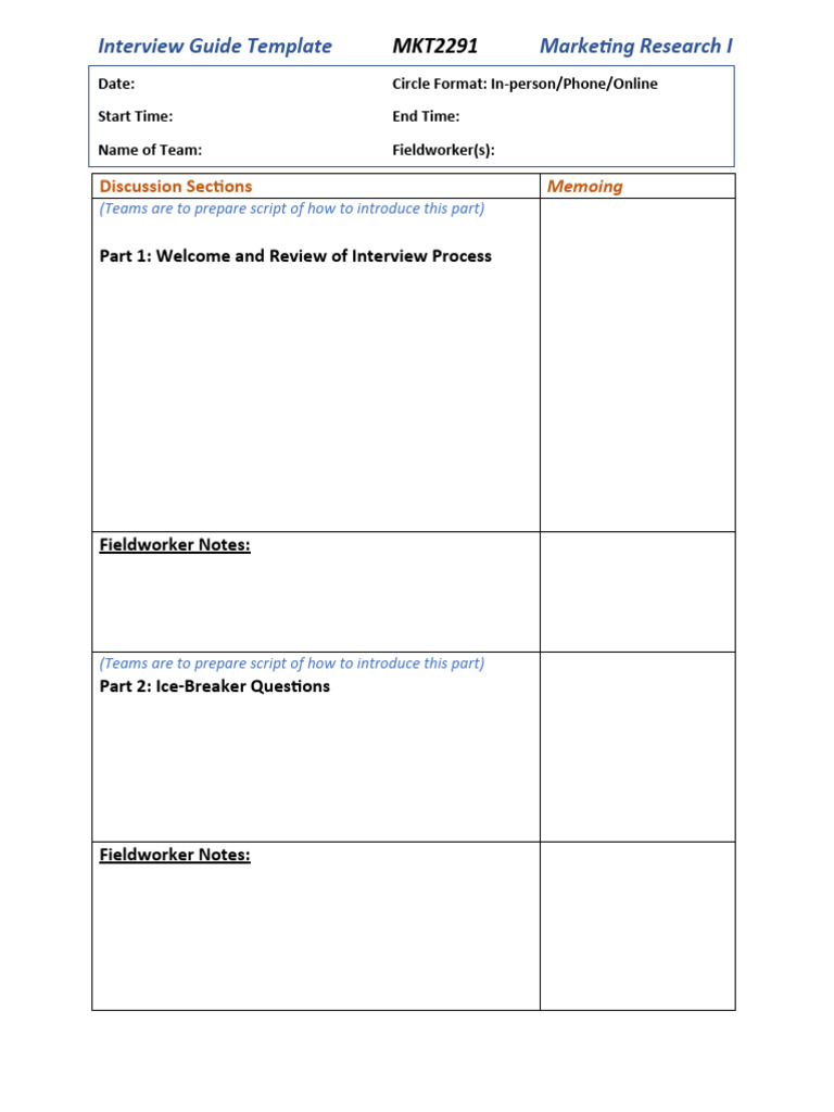 Interview Guide Template MKT2219 Marketing Research I | PDF